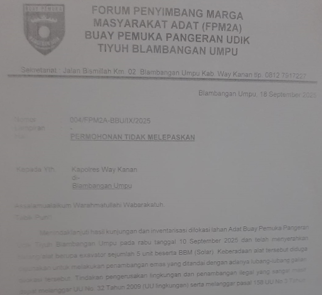 Empat Tokoh Adat Layangkan Surat ke Kapolres Way Kanan, Desak Proses ...